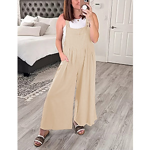 Buenoble Linen Overalls for Women Loose Fit Boho Wide Leg Jumpsuits Casual Summer Pleated Rompers with Pockets(0020-Apricot-M)