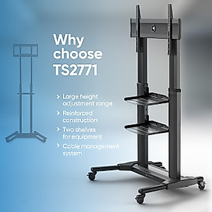 ONKRON Mobile TV Stand with Wheels Rolling TV Stand for 40-80 Inch LED LCD Flat or Curved Screen TVs up to 122 lbs - Height Adjustable TV Cart with Shelves - Portable TV Stand (TS2771) Black