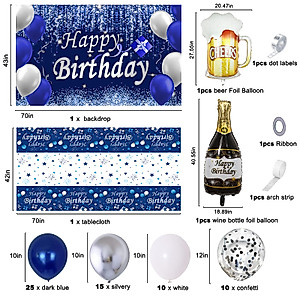 Navy Blue Birthday Decorations, Happy Birthday Decorations for Men Women- Blue Photography Backdrop & Tablecloth Balloons Arch Kit Banner Birthday Party Supplies Beer Bday Decor with Table Cover