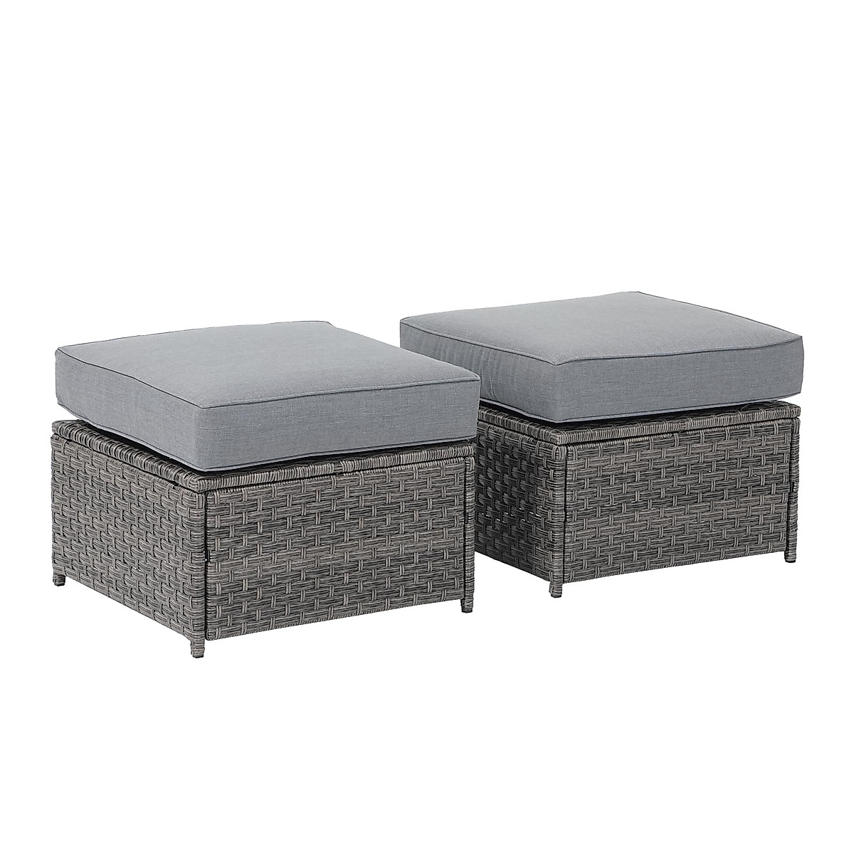 SUNSITT Outdoor Patio Ottoman Set of 2, All Weather Rattan Outdoor Ottoman Set, Grey Wicker Footstool Ottoman Footrest Seat w/Olefin Grey Cushions for Balcony, Porch and Deck