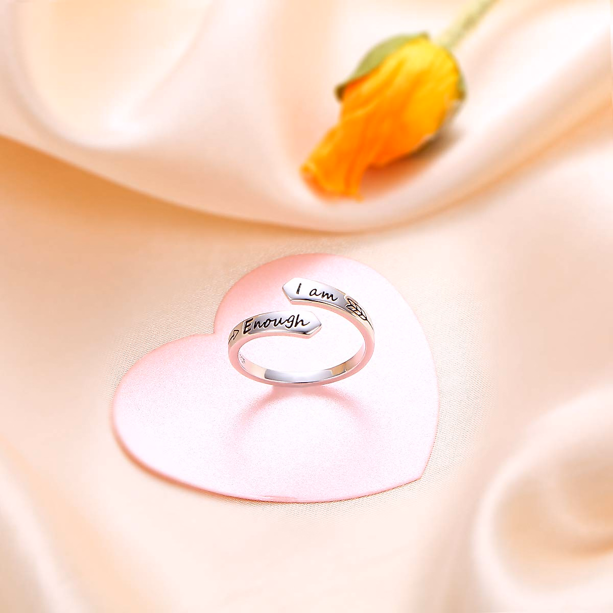 FLYOW Inspirational Rings Adjustable 925 Sterling Silver Spiral Wrap Twist Ring Encouragement Jewelry for Women (I am Enough)