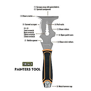 ROLLINGDOG 14 In 1 Painters Tool - Paint Scraper, Putty Knife Scraper Tool with Stainless Steel Blade, Soft Grip Handle and Metal Hammer End (3 Inches)