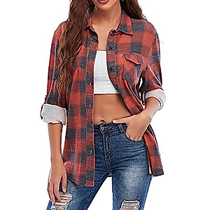 Women Cuffed Long Sleeve Boyfriend Button Down Plaid Flannel Shirt