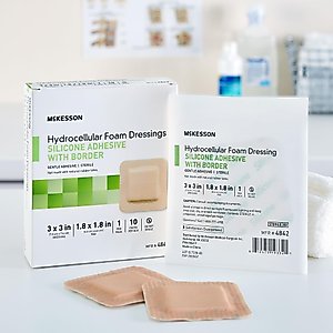 McKesson Hydrocellular Foam Dressings, Sterile, Silicone Adhesive with Border, Dimension 3 in x 3 in, Pad 1 4/5 in x 1 4/5 in, 10 Count, 1 Pack
