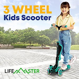 Kids Scooter – Foldable Seat – LED Wheel Lights Illuminate When Rolling – Children and Toddler 3 Wheel Kick Scooter – Adjustable Handlebar – Indoor and Outdoor- Pink - by Lifemaster