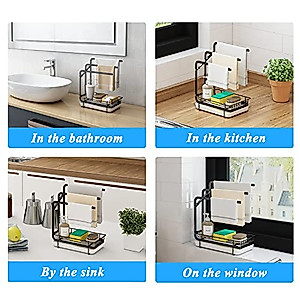 Apsan Sponge Holder with Drain Pan for Kitchen Sink, Kitchen Sink Caddy Organizer for Sponge Brush Soap Dish Dishcloth Rack, Small Black