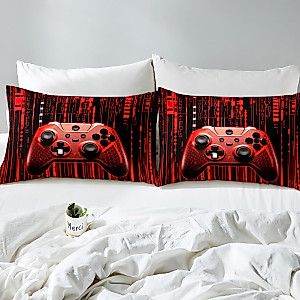 Gaming Gamepad Kids Duvet Cover Set Full Size,Neon Light Geometric Honeycomb Hexagon Bedding Set,Boys Girls Room Decor,Modern Videogames Controller Comforter Cover,Red Quilt Cover,2 Pillowcases