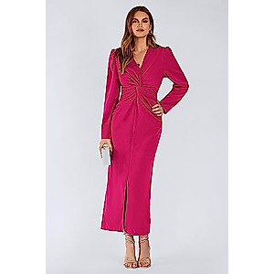 PRETTYGARDEN Women's Fall Fashion 2023 Long Puff Sleeve Maxi Dresses V Neck Twist Front Formal Dress with Slit (Rose Red,Medium)