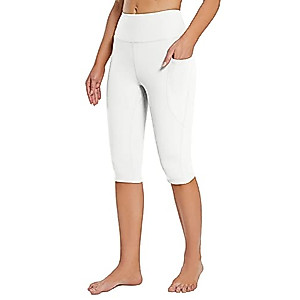 BALEAF Women's High Waisted Capris Casual Summer Knee Length Leggings Petite Yoga Casual Workout Exercise Capris with Pockets White 3XL
