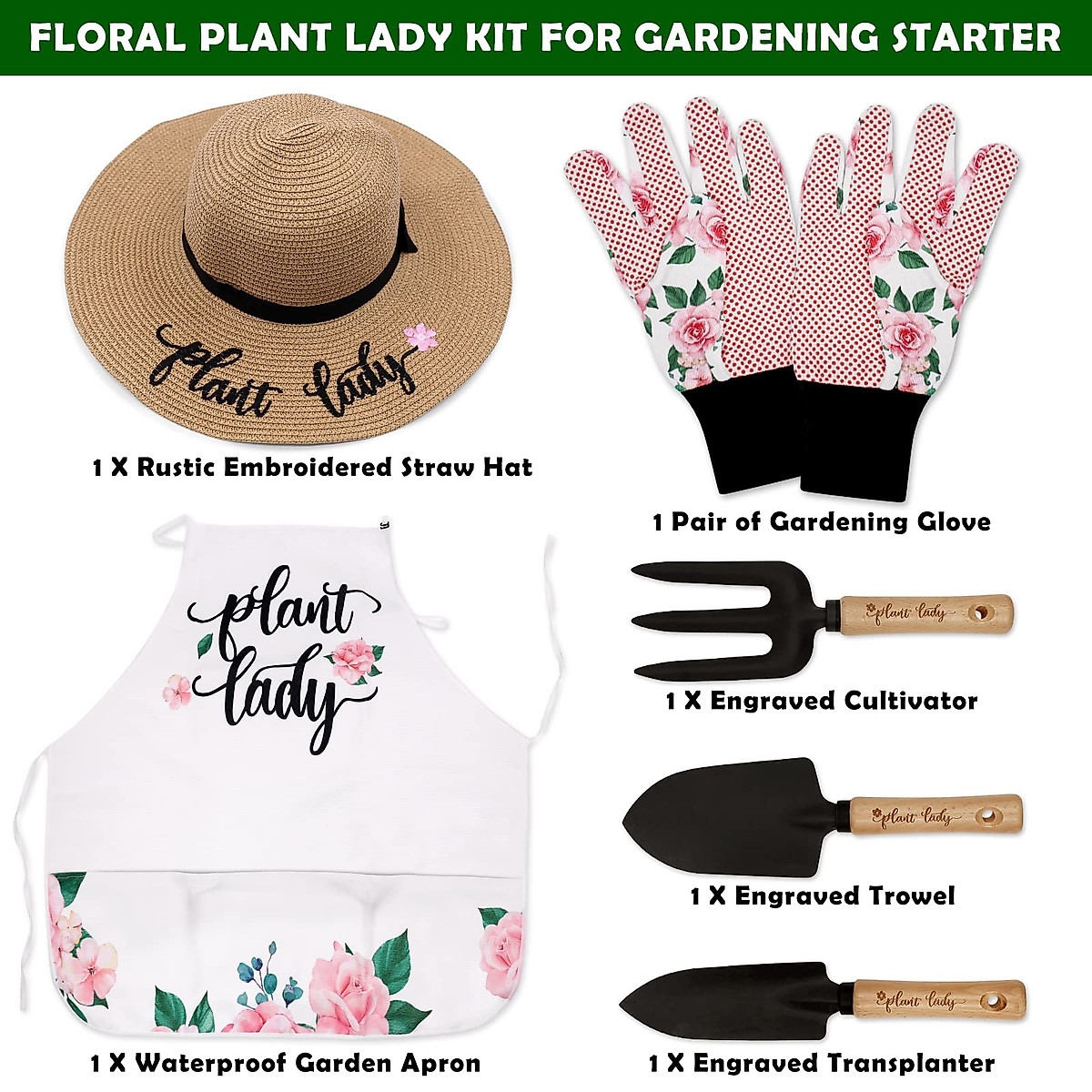 Percozzi Plant Lady Gardening Gifts for Women Gardening Tools Kit with Planting Tools Straw Hat Floral Apron Glove for Her Spring Outdoor Grandmother Horticulture Starter Set of 6