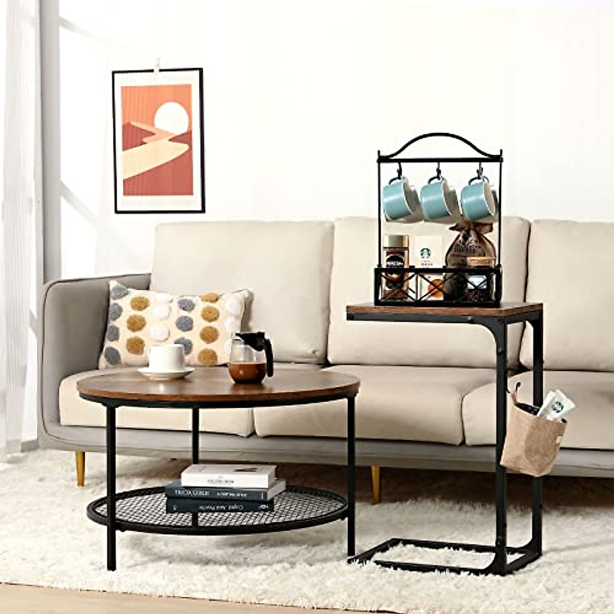 Round Coffee Table, 2-Tier Nesting Coffee Tables Living Room, Patio Sofa Table, Accent Table Furniture for Living Room (Brown)