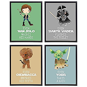 Silly Goose Gifts Even In A Galaxy Far Far Away - They Brush Teeth Take A Bath Wash Hands Bathroom Wall Art Decor (Set of Four)