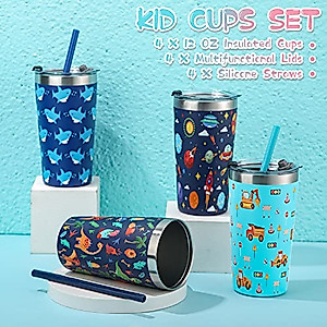 4 Pack Kids Cups with Straw Lid, Toddler Smoothie Cup Spill Proof Vacuum Stainless Steel Insulated Tumbler for Boys, 4 Styles Powder Coated Baby Child Cup + BPA Free Lids + Silicone Straws (12 Oz)