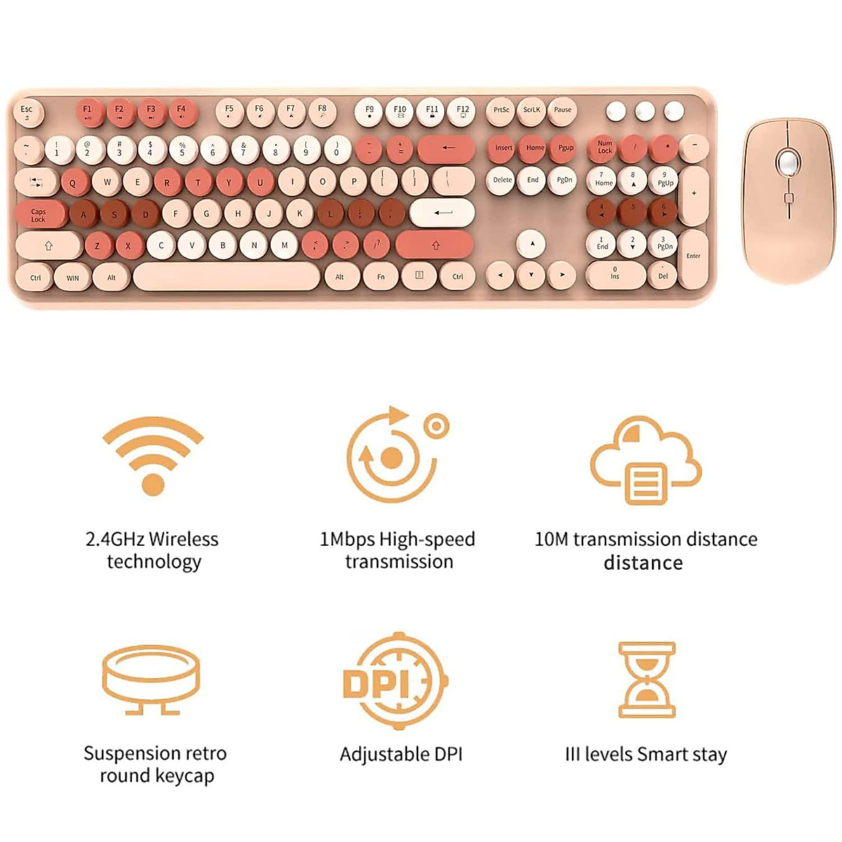 FOPETT Keyboard and Mouse Sets Wireless,Reliable 2.4 GHz Connectivity for PC,Laptop,Smart TV and More (Milk Tea Color)
