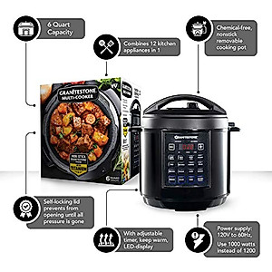 Granitestone 12-in-1 Multicooker with LED Display, Electric Pressure Cooker, Slow Cooker, Rice Cooker, Steamer, Saute, Yogurt Maker and Warmer, 6 Quart, 12 Pre-Set Functions As Seen On TV