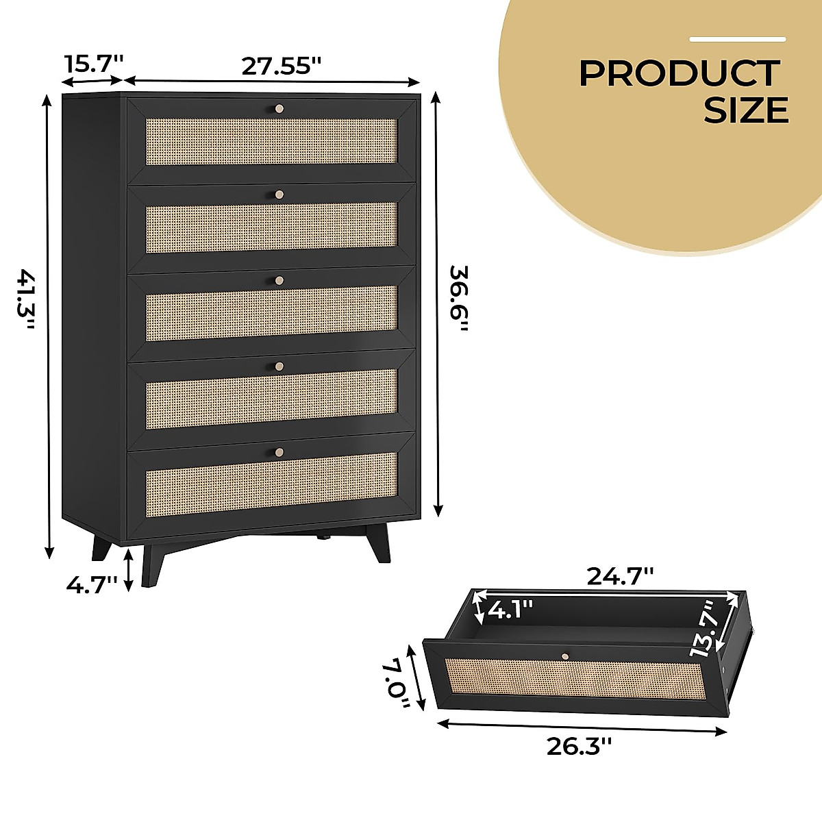 AOGLLATI Black Rattan Dresser for Bedroom with 5 Drawer, Modern Double Wooden Tall Bedroom Dresser, Chest of Drawers with Metal Handle & Solid Wood Legs for Bedroom/Living Room, Black