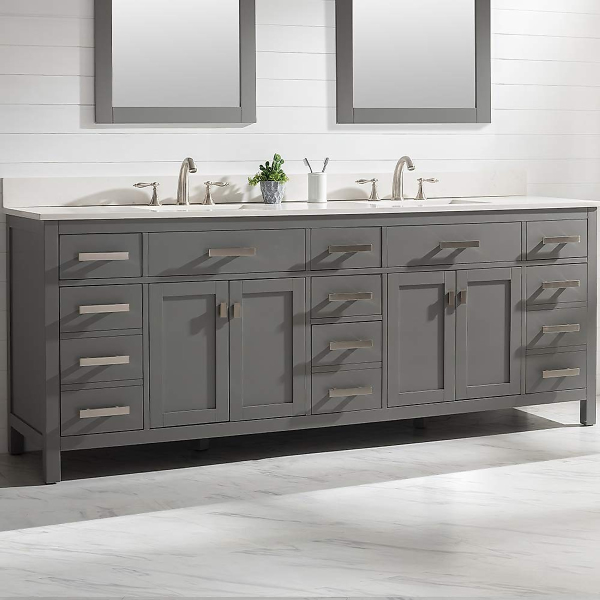 LUCA Kitchen & Bath LC84PGW Tuscan 84" Double Bathroom Vanity Set in Pottery White Quartz Top with Gray Veins and Sink