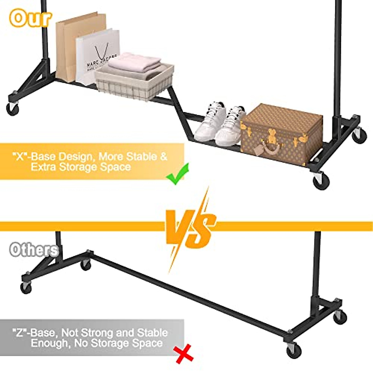 Mr IRONSTONE Long Clothes Rack, Heavy Duty Clothing Rack with X Base, Garment Rack on Wheels with Brakes, Commercial Clothes Racks for Hanging Clothes, Rolling Clothes Rack with Storage Shelf
