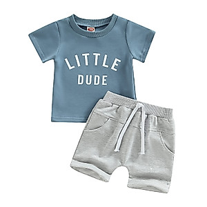 Toddler Baby Boy Summer Clothes Little Dude T-Shirt Short Sleeve Tops Solid Color Short Set Infant 2Pcs Outfits (Blue, 0-6 Months)