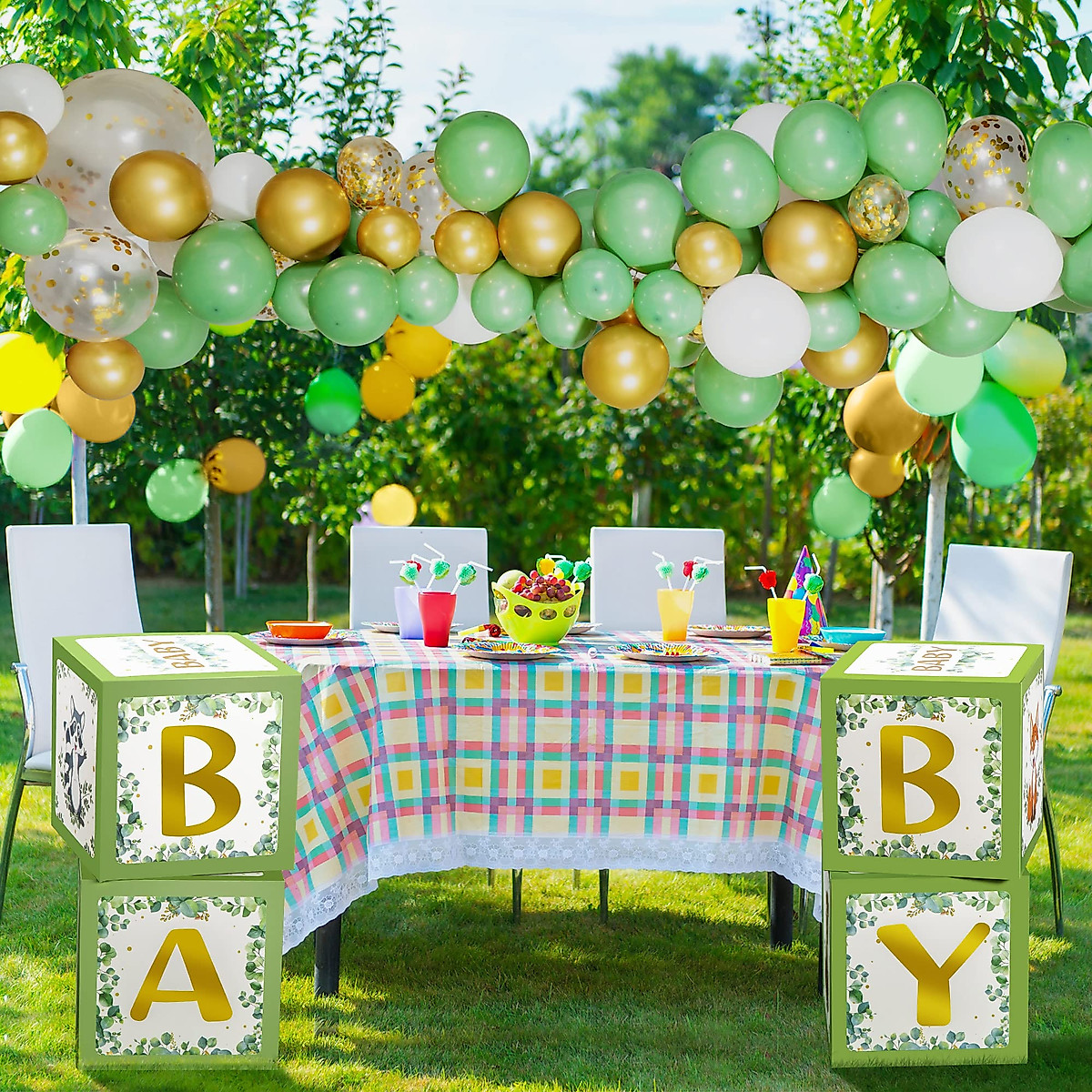 Sage Green Baby Shower Decorations, 4Pcs Neutral Baby Shower Boxes with 92pcs Balloons, Woodland Jungle Theme Baby Shower Decoration Backdrop for Baby Boy Girl Birthday Gender Reveal Party Supplies