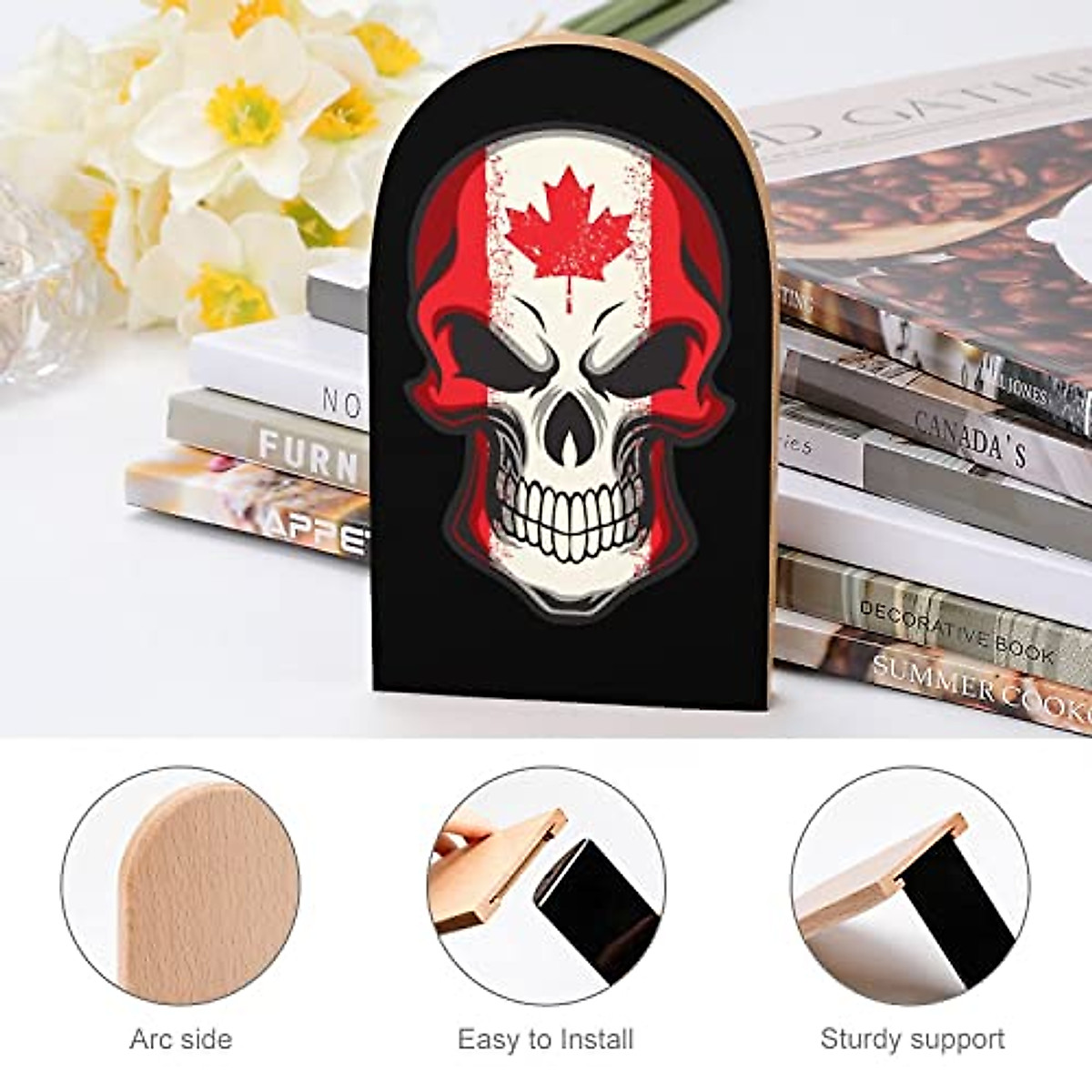 Canada Flag Skull Wood Book Ends for Shelves Non-Skid Bookend Book Stand Book Holder Stopper for Home Office School