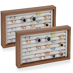 Elsjoy 2 Pack Ring Organizer Tray, 9 x 6 Wooden Ring Holder Display Case Ring Organizer Box, Ring Storage Tray Velvet Jewelry Tray for Rings, Earrings