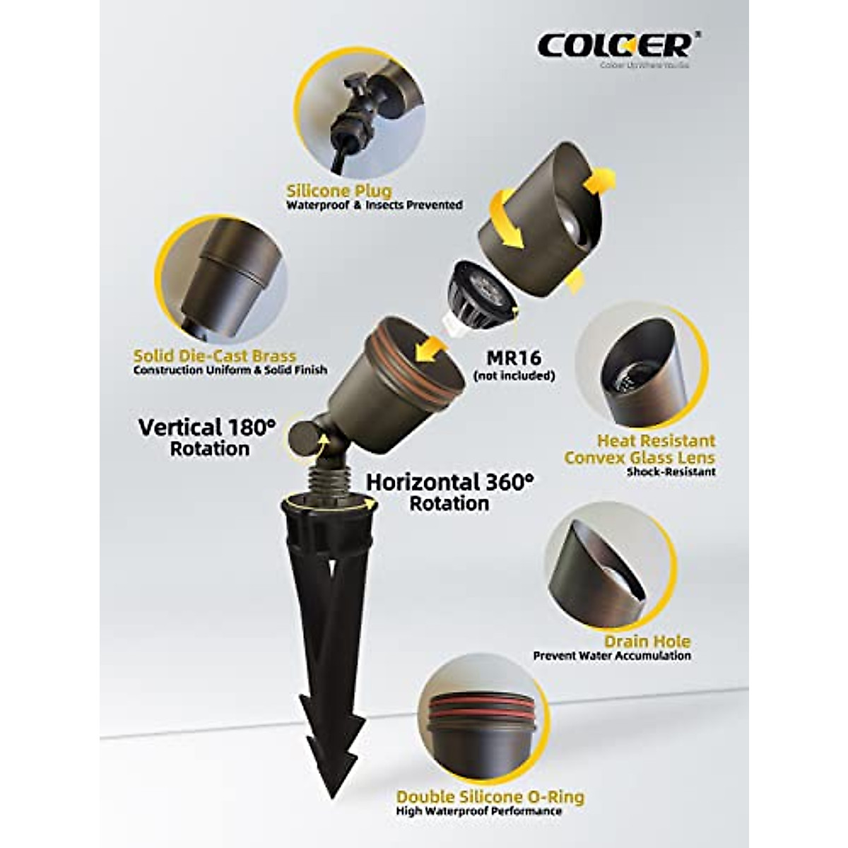 COLOER Die-cast Brass Low Voltage Spotlight, Outdoor Spot Lights for Yard,12V AC/DC LED Landscape Lighting Fixture, Directional Garden Patio Spot Up Light(Bronze, 1-Pack Without Bulb,101B)