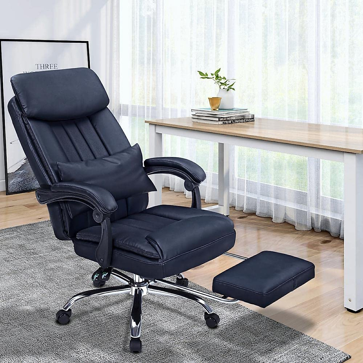 High Back Office Chair with Lumbar Support and Footrest, Executive Computer Desk Chair with Padded Headrest and Armrest, Adjustable Height Tilt Angle Swivel Task Chair for Home Office (Black)