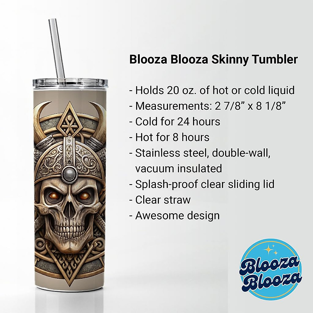 Norse Viking Symbols With Skulls Skinny Tumbler 20oz with Straw Insulated Water Bottle Gift