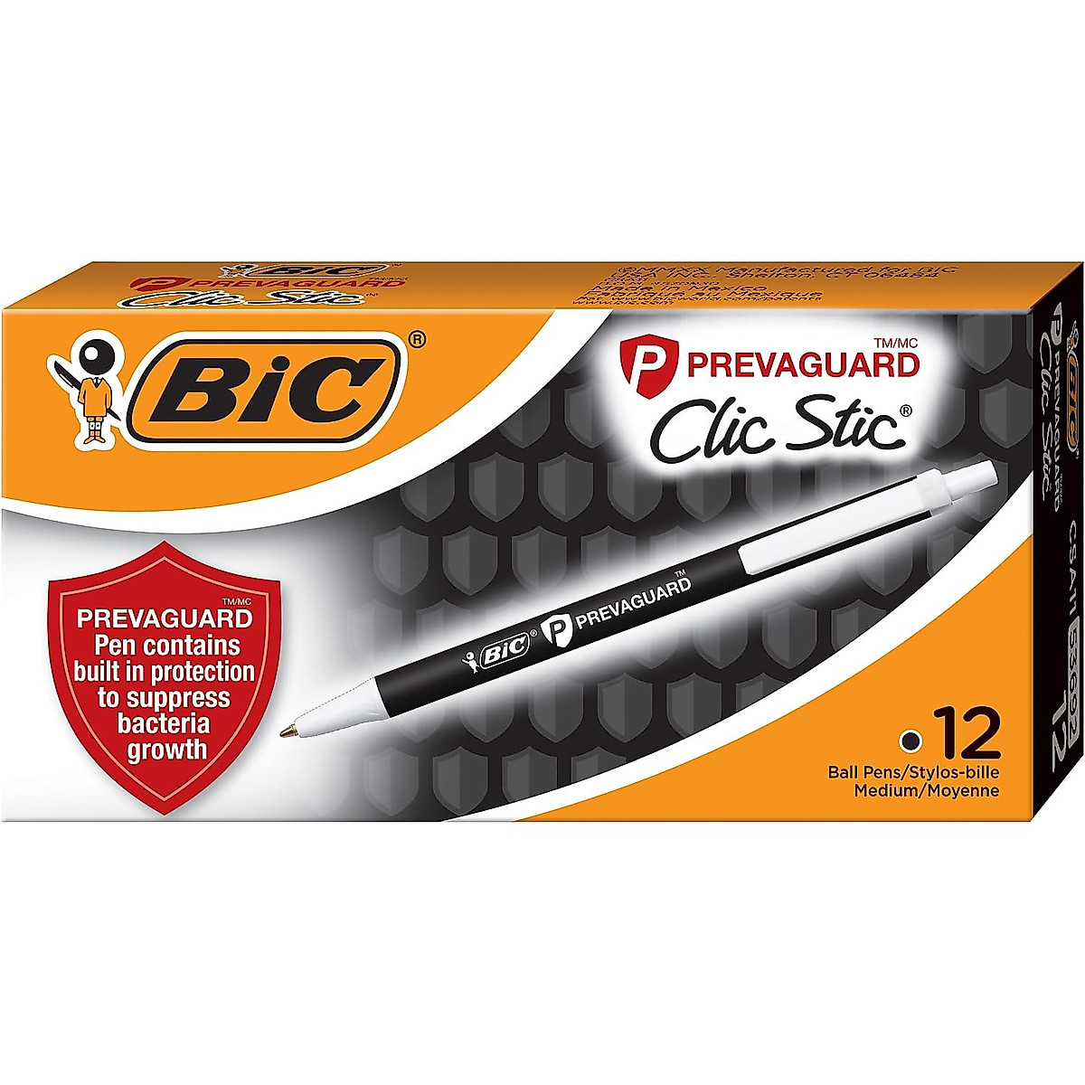 BIC PrevaGuard Clic Stic Ballpoint Pen With Built-in Protection To Suppress Bacteria Growth, Medium Point (1.0mm), Black, 12-Count