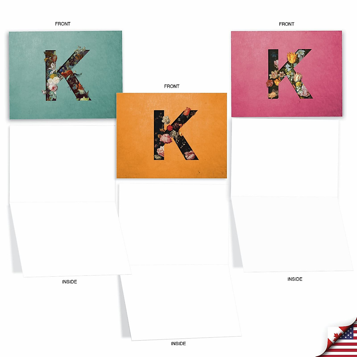 The Best Card Company - 10 Initial Letter “K” Assorted Blank Notecards Beautiful Flower Personal Stationary 4 x 5.12 Inch, Bulk Variety Pack for Thank You and Notes - Baroque Blooms K M3838OCB-B1x10