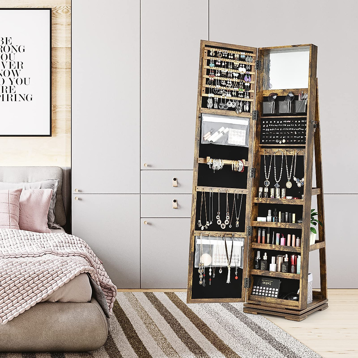 COSTWAY 360 Rotating Jewelry Armoire Cabinet, Standing Jewelry Organizer w/Full-Length Mirror & Large Storage Space, Lockable Mirror Jewelry Cabinet for Girls Women (Rustic Brown)