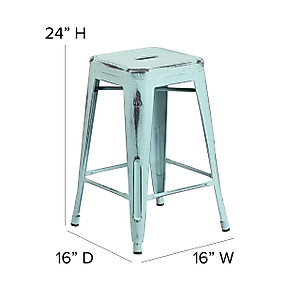 EMMA + OLIVER Commercial Grade 24" H Backless Distressed Green-Blue Metal Indoor-Outdoor Stool