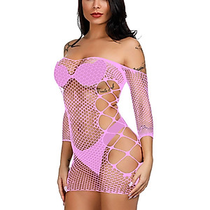 Vorifun Women Fishnet Lingerie Sleepwear One Piece Babydoll V-Neck Mini Dress One Size Pink