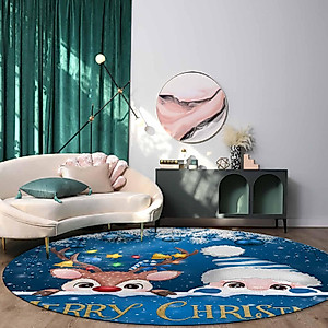 Santa Claus Area Rug Carpet for Kids Teen Girls Boys Bedroom, Living Room, Washable Outdoor Indoor Accent Throw Runner Floor Mat Area+Rug Christmas Elk Cartoon Pine Tree Leaves Blue 3FT(Round)