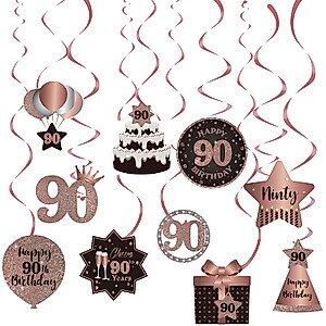 Happy 90th Birthday Party Hanging Swirls Streams Ceiling Decorations, Celebration 90 Foil Hanging Swirls with Cutouts for 90 Years Old Rose Gold Birthday Party Decorations Supplies