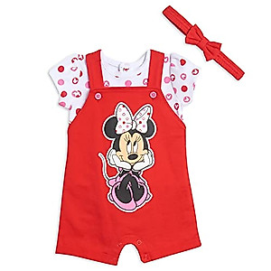Disney Minnie Mouse Infant Baby Girls French Terry Short Overalls T-Shirt and Headband 3 Piece Outfit Set Red 18 Months