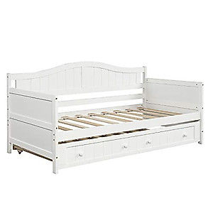 Lifeand Twin Wooden Daybed with Trundle Bed, Sofa Bed for Bedroom Living Room,White