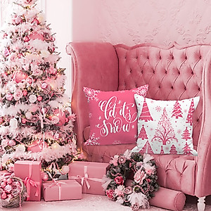 Lanpn White and Pink Christmas Throw Pillow Covers 14x14 Set of 4, 14 inch Decorative Xmas Cushion Covers Pillow Cases 14 x 14 for Home Bedroom Room Holiday Couch Decor Decorations