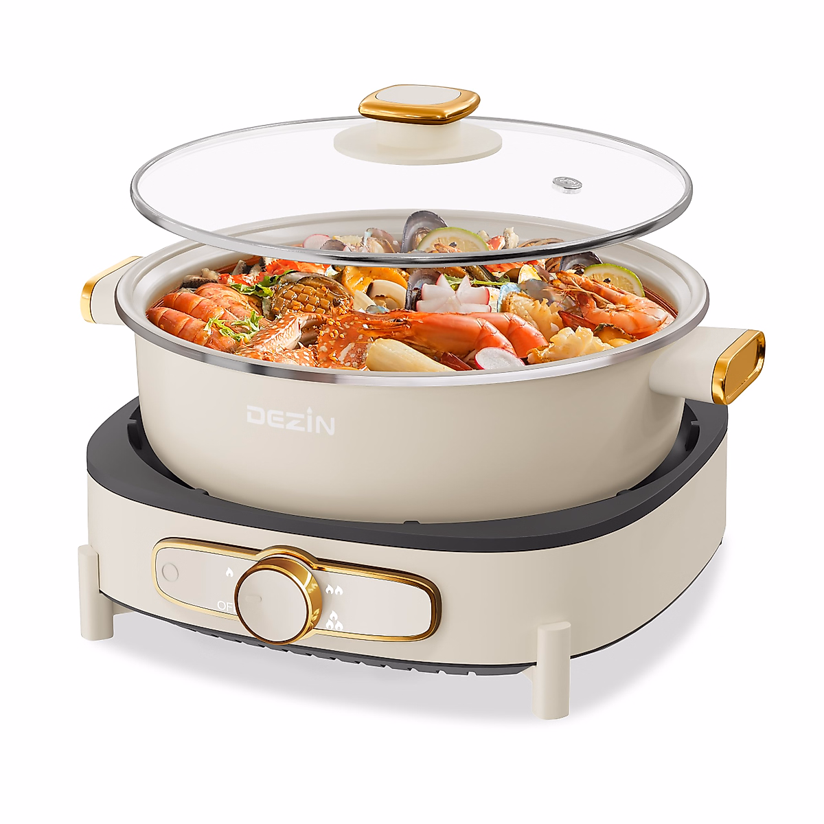 Dezin Electric Shabu Shabu Pot with Removable Pot, 5L Non-Stick Hot Pot Electric with Multi-Power Control, 3.7" Depth Electric Pot with Tempered Glass Lid for Party, Family and Friend Gathering