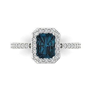 Clara Pucci 2.07 ct Emerald Cut Solitaire Halo Natural London Blue Topaz Engagement Promise Anniversary Bridal Ring 18K White Gold 3.5