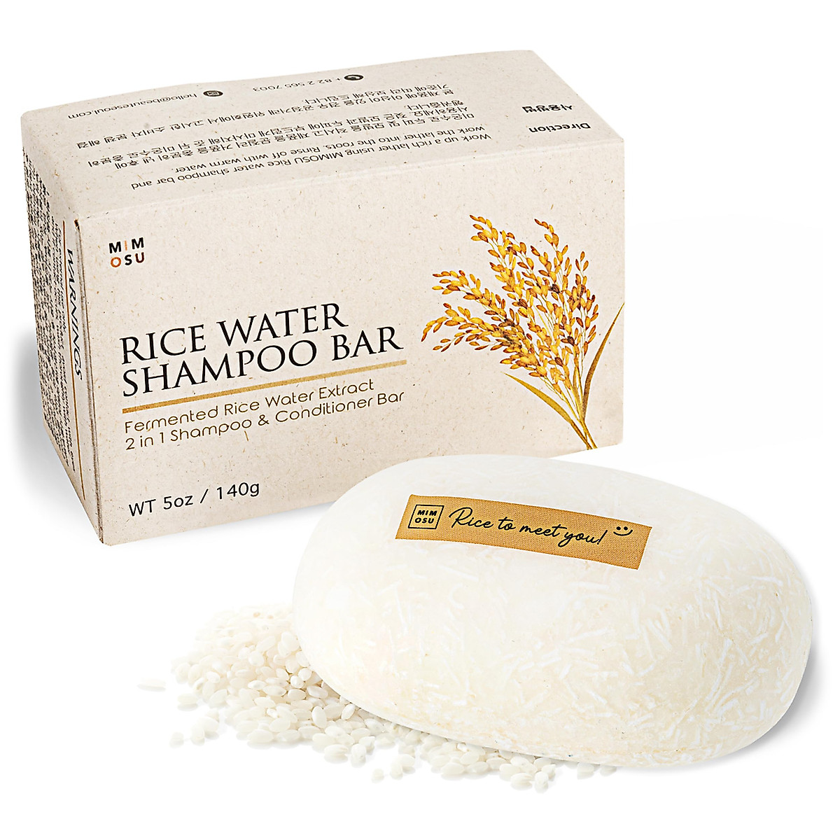 mimosu Hair Growth Shampoo Bar, Fermented Rice Water 2-in-1 Shampoo & Conditioner, 5oz, Unscented, pH Balanced, Solid Bar for Oily Hair, Korean Hair Care