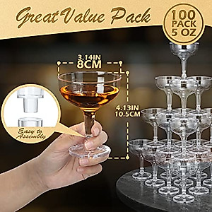 Potchen Set of 100 Champagne Glasses 5 oz Unbreakable Plastic Martini Clear Disposable Wine Cups Stackable Stemmed Coupe Shatterproof Party Stem for Margarita Wedding Birthday Home Bar