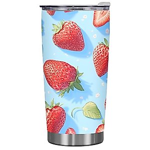 QWEUIOP 20oz Insulated Travel Coffee Mug Fruits Strawberry Pattern Stainless Steel Tumbler with Lid Double Wall Vacuum Coffee Cup For Hot and Cold Drinks14578