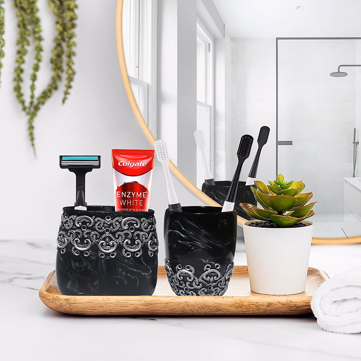 LUANT 4 PCS Bathroom Accessories Set Including Soap Dispenser, Tumbler, Teethbrush Holder and Soap Dish, Bathroom Decor, Gift for New Home, Black