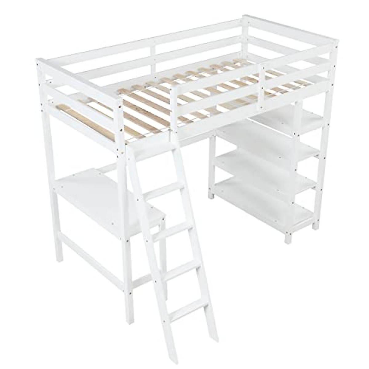HZHOME Twin Size Loft Bed with Desk and Shelves, Wood LoftBed Frame with Ladder and High Guardrail, for Kids Teens Bedroom Dorm, White