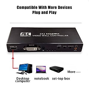 Video Wall Controller, 4K x 2K HD Seamless Splicing Professional Processor with HDMI+DVI+RS232 Input, 4 Way HDMI & SPDIF Output 180 Degree Rotate TV Wall Display 2x2, 1x2, 1x3, 1x4, 2x1, 3x1, 4x1