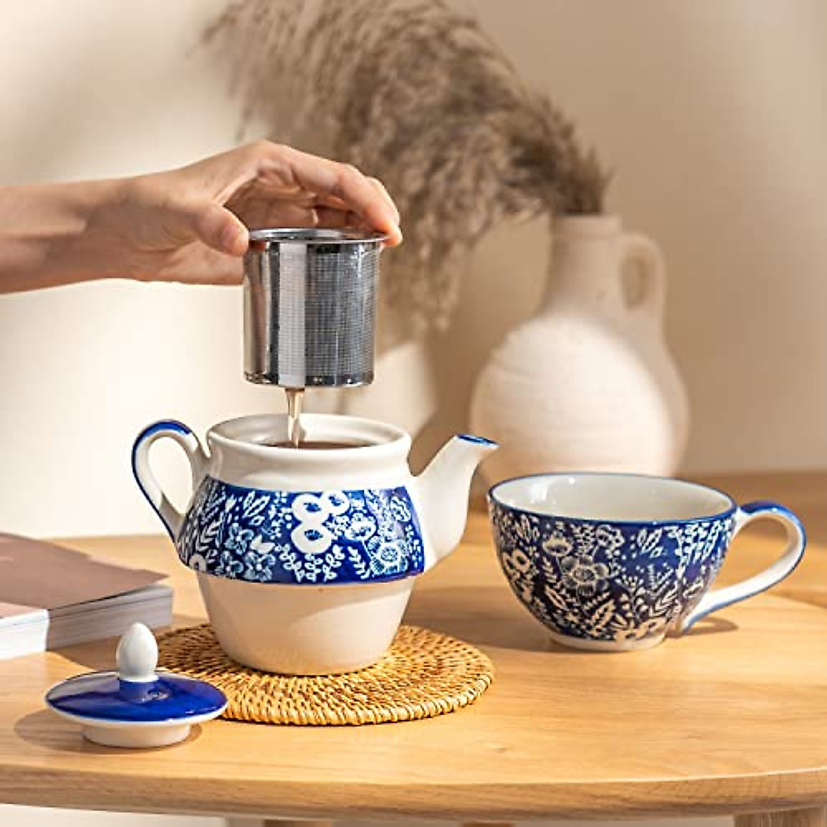 Taimei Teatime Ceramic Tea for One Set, 15 OZ Teapot with Infuser and Cup Set, Blue and White Teapot Set for one, Tea Set for Women, Adults