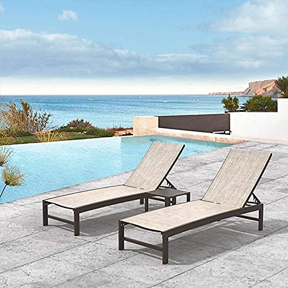 Crestlive Products Aluminum Adjustable Chaise Lounge Chair and Table Set Outdoor Five-Position Recliner, Curved Design, All Weather for Patio, Beach, Yard, Pool (Beige)