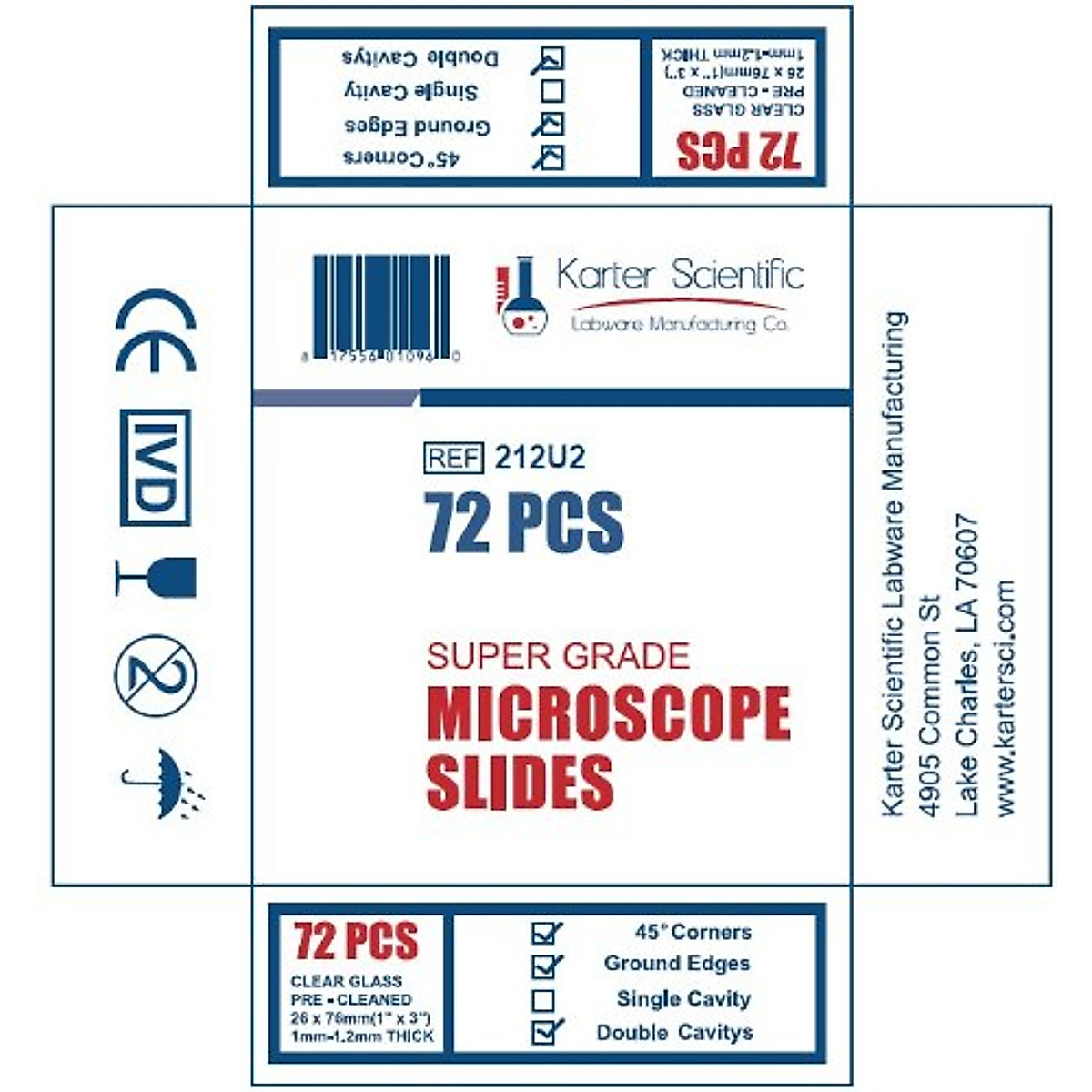 Karter Scientific 212U2 Microscope Slide Single Cavity, Ground Edge, 45 Degree, Clipped (Pack of 72)